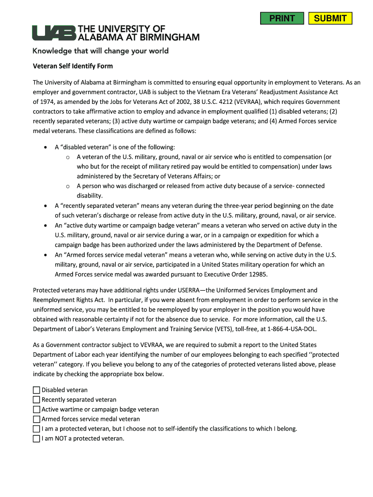 Fillable Online uab Veteran Self Identify Form Fax Email Print - pdfFiller