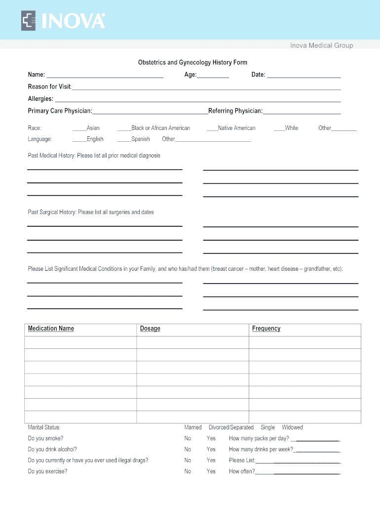 Fillable Online inova Obstetrics and Gynecology History Form Name: Age ...