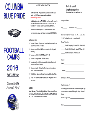Fillable Online Blue Pride Football Camp Registration Form Fax Email ...