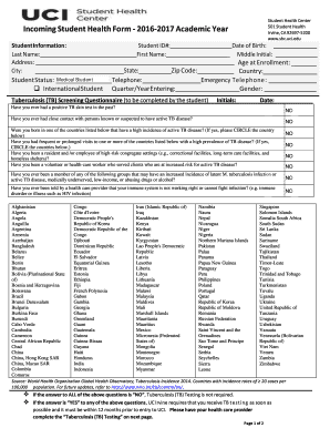 Fillable Online shs uci Incoming Student Health Form - 2016-2017 ...