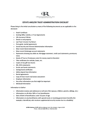 Fillable Online ESTATE AND/OR TRUST ADMINISTRATION CHECKLIST Fax Email ...