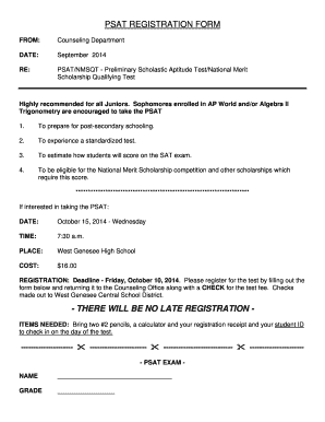 Fillable Online WGHS PSAT Registration form - westgenesee.org Fax Email ...