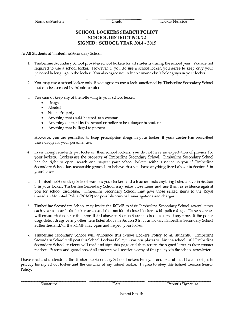 Fillable Online SCHOOL LOCKERS SEARCH POLICY - sd72.bc.ca Fax Email ...