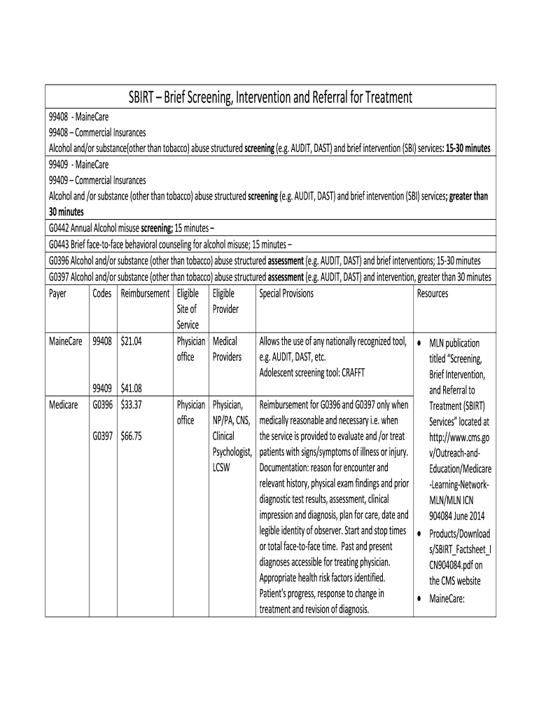 Fillable Online SBIRT Brief Screening, Intervention and Referral for ...