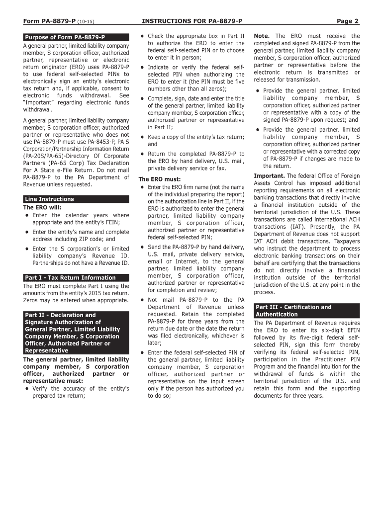 Fillable Online 2015 PA E-File Signature Authorization for PA S ...