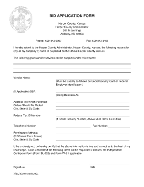 Fillable Online BID APPLICATION FORM - Harper County, Kansas Fax Email ...