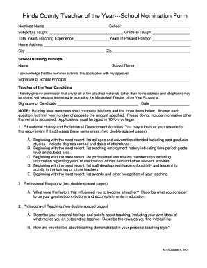 Fillable Online Hinds County Teacher of the Year---School Nomination ...