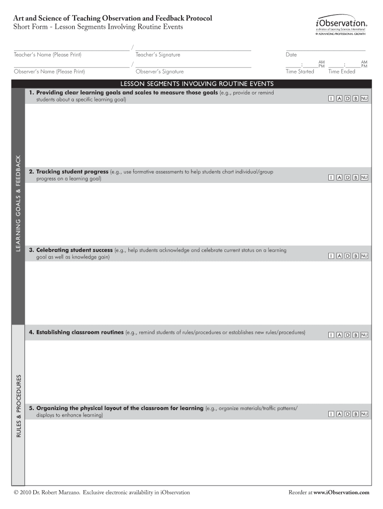 Fillable Online Art and Science of Teaching Observation and Feedback ...