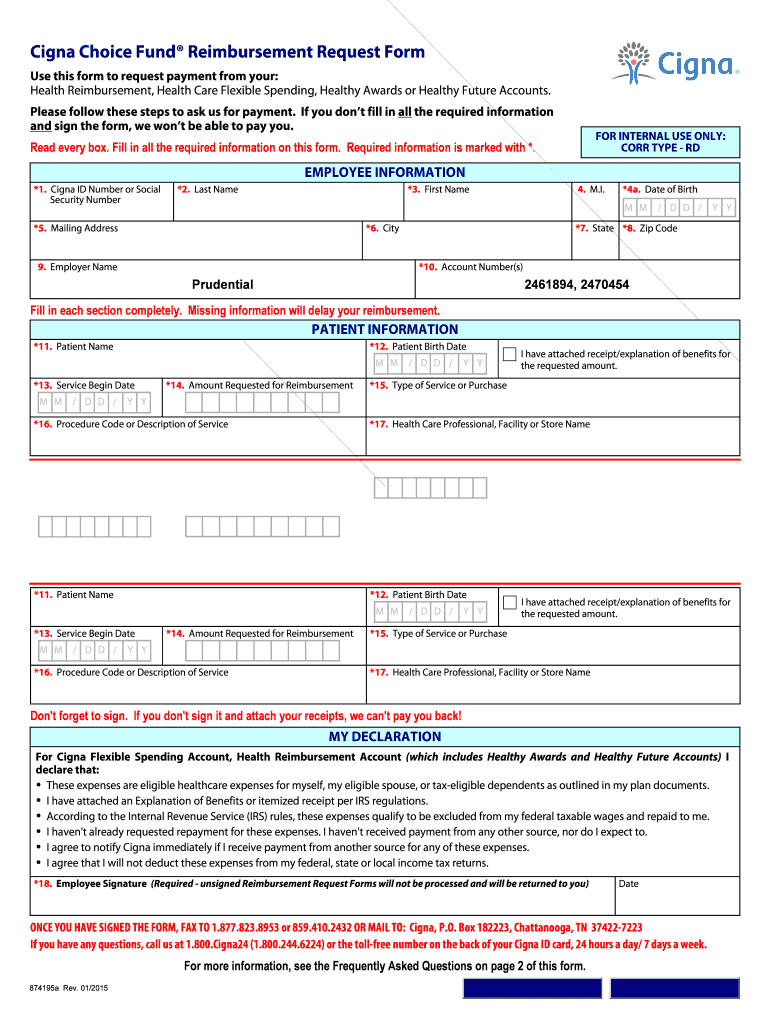 Fillable Online Cigna Choice Fund Reimbursement Request Form. 874195a ...