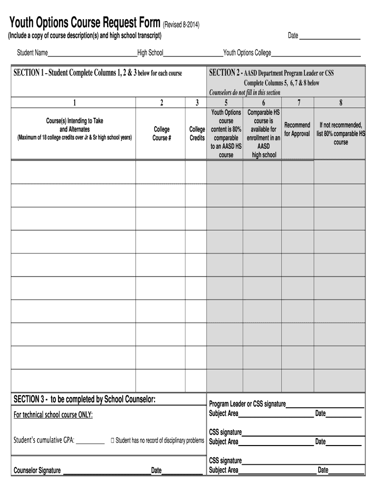 Fillable Online aasd k12 wi Youth Options Course Request Form (Revised ...