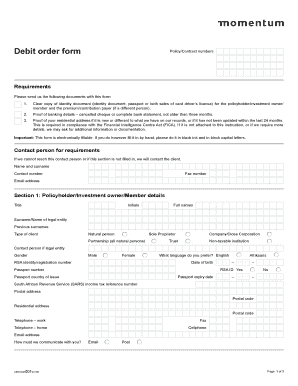 Fillable Online Debit order form Policy/Contract numbers - Momentum Fax ...