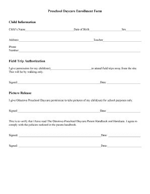 Fillable Online Preschool Daycare Enrollment Form Child Information Fax ...