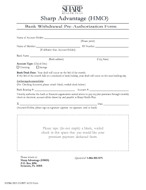 Fillable Online Bank Withdrawal Pre-Authorization Form - Sharp Health ...