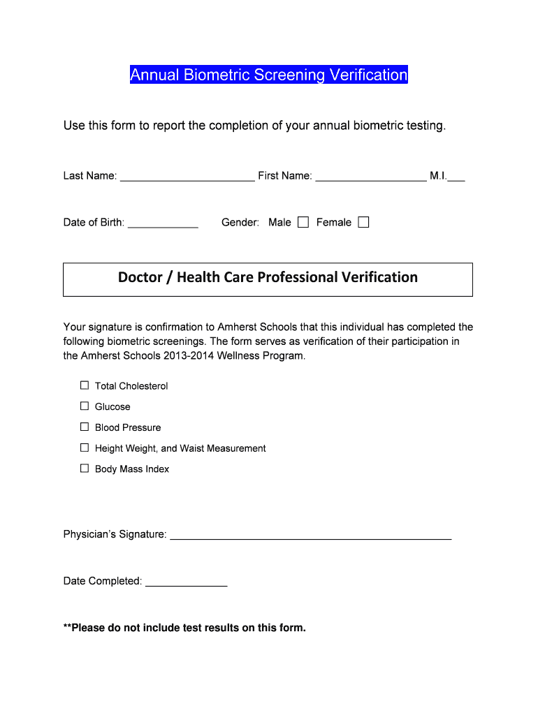 Fillable Online amherstk12 Annual Biometric Screening Verification ...