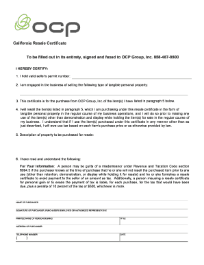 Fillable Online California Resale Certificate To be filled out in its ...