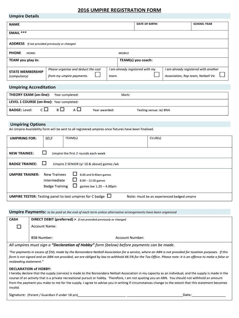 Fillable Online bna org 2016 UMPIRE REGISTRATION FORM - bna.org.au ...