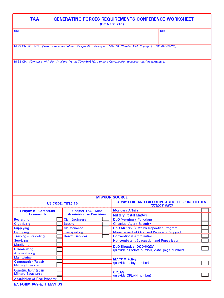 Fillable Online 8tharmy korea army TAA GENERATING FORCES REQUIREMENTS ...