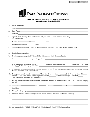 Fillable Online CONTRACTOR 'S EQUIPMENT FLOATER APPLICATION (COMMERCIAL ...