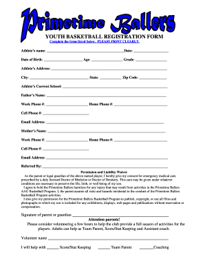 Fillable Online YOUTH BASKETBALL REGISTRATION FORM - Primetime Fax ...