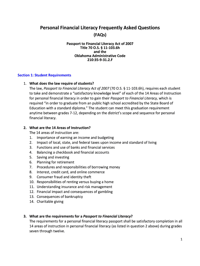 Fillable Online Personal Financial Literacy Frequently Asked Questions ...