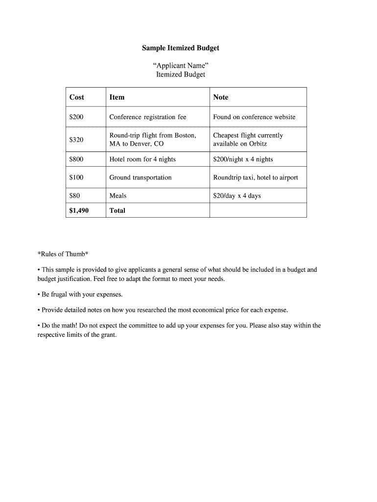 Fillable Online Sample Itemized Budget Fax Email Print - pdfFiller