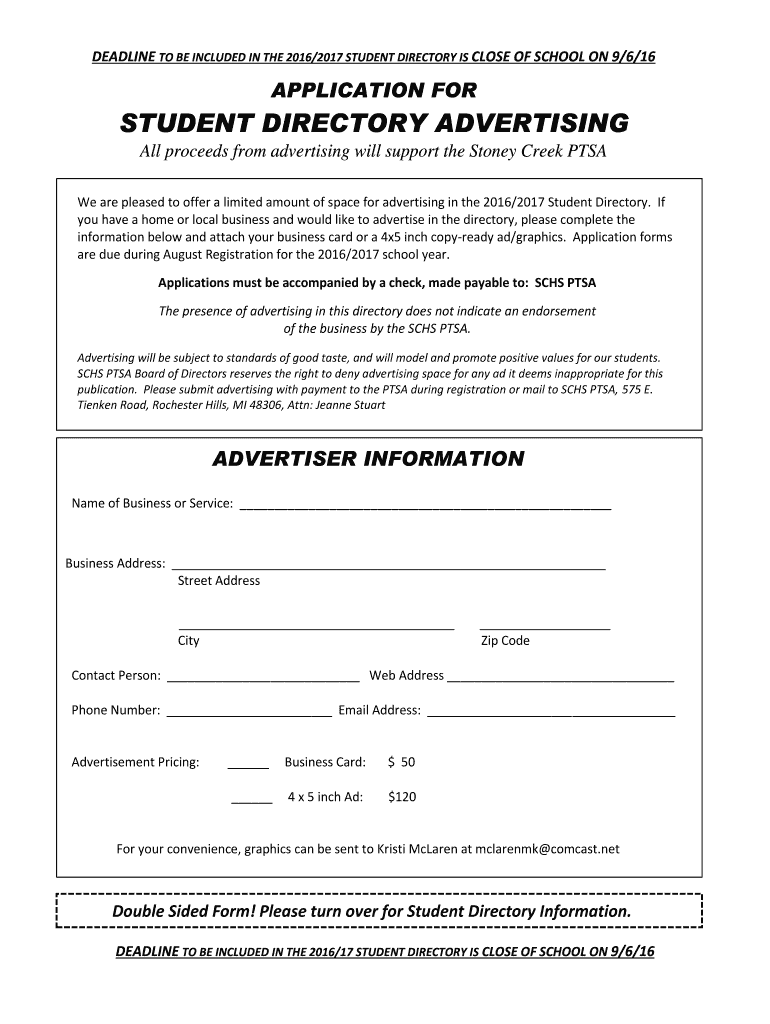 Fillable Online media rochester k12 mi APPLICATION FOR STUDENT DIRECTORY ADVERTISING Fax Email ...