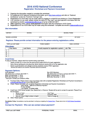 Fillable Online avid Registration Worksheet and Payment Coversheet Fax ...