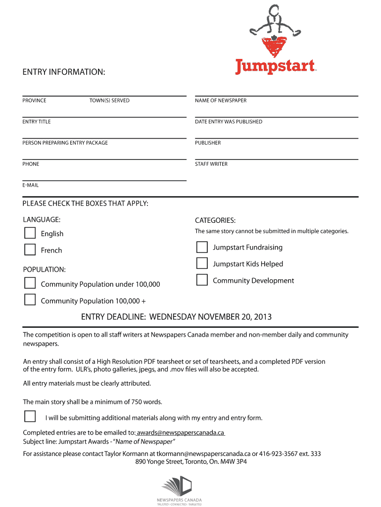 Fillable Online Jumpstart Canada Entry Form V1 Fax Email Print - pdfFiller