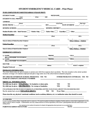 Fillable Online nremt STUDENT EMERGENCY MEDICAL CARD Print Please ...