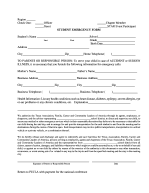 Fillable Online STUDENT EMERGENCY FORM - FCCLA Fax Email Print - pdfFiller