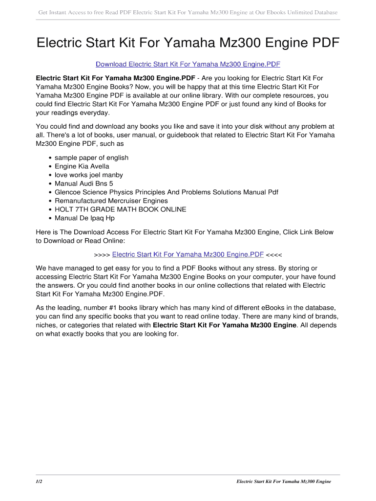 Fillable Online Electric Start Kit For Yamaha Mz300 Engine PDF ...