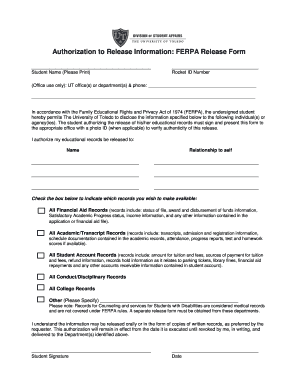 Fillable Online utoledo Authorization to Release Information: FERPA Release Form - utoledo Fax ...