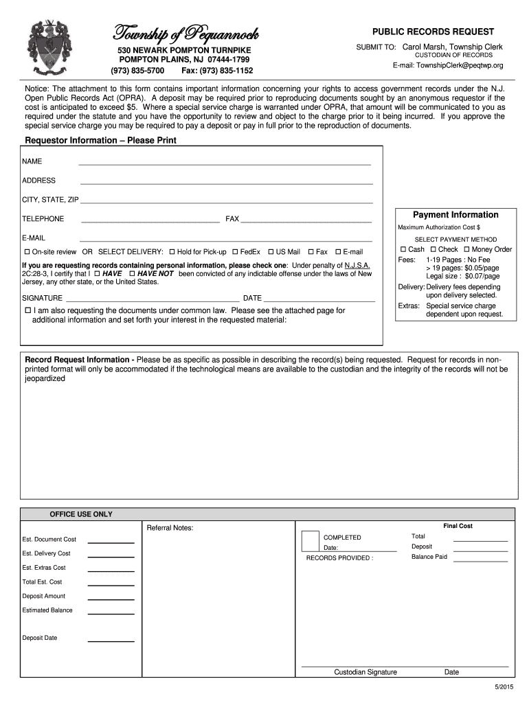 Fillable Online Township of Pequannock PUBLIC RECORDS REQUEST Fax Email ...