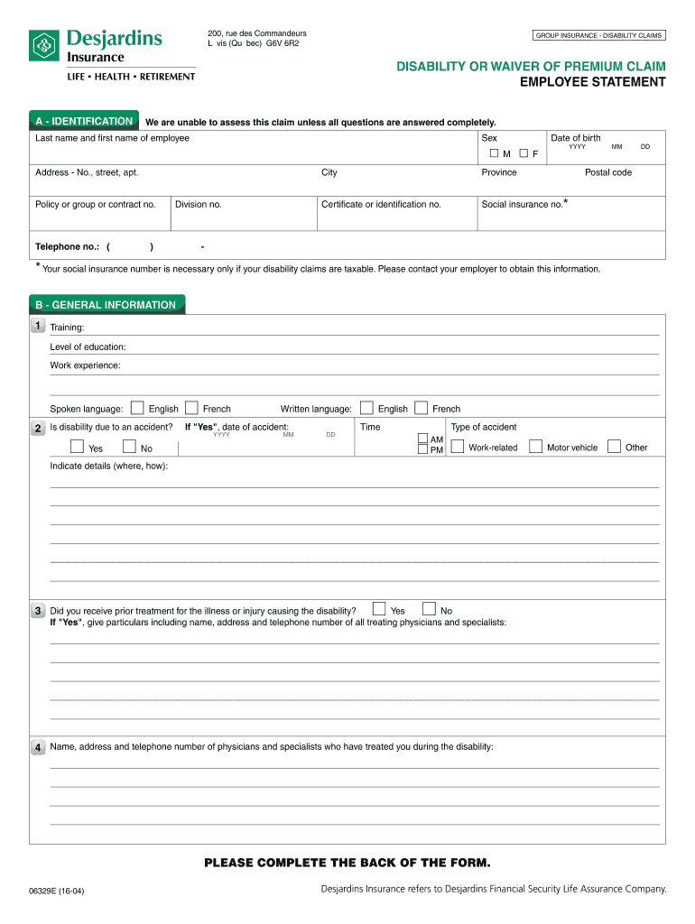 Fillable Online Disability or waiver of premium claim - Employee ...