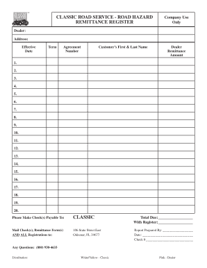 Fillable Online 74494 Classic Road Svc Remittance Register Fax Email ...