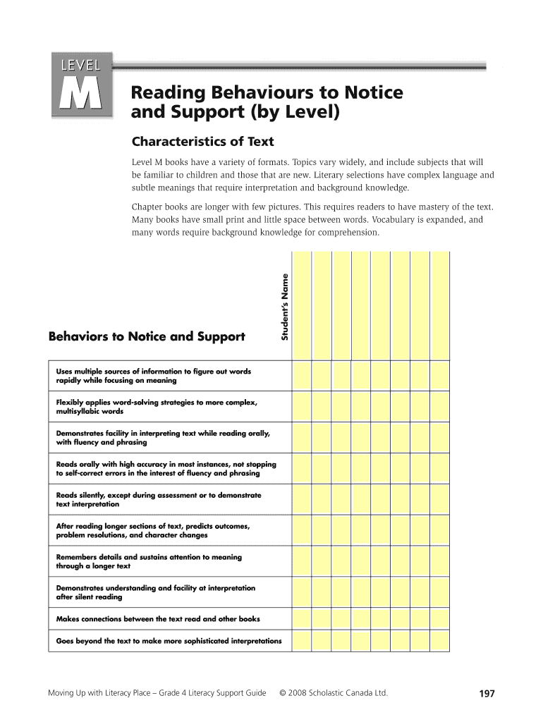 Fillable Online Reading Behaviours to Notice and Support (by Level) Fax ...