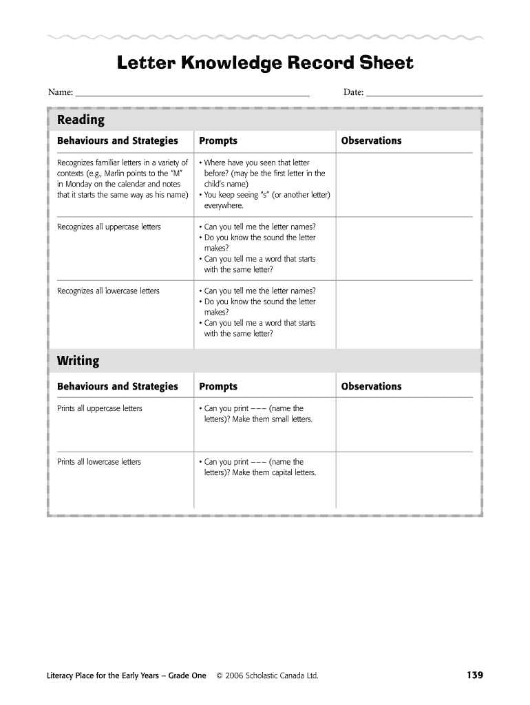 Fillable Online Letter Knowledge Record Sheet - Scholastic Canada Fax ...