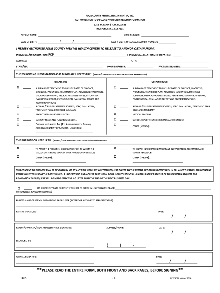 Fillable Online Release of Information Form - For PCP - Four County ...