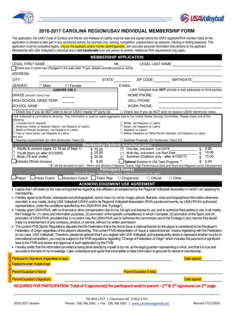 Fillable Online carolinaregionvb 2016-2017 CAROLINA REGION/USAV ...