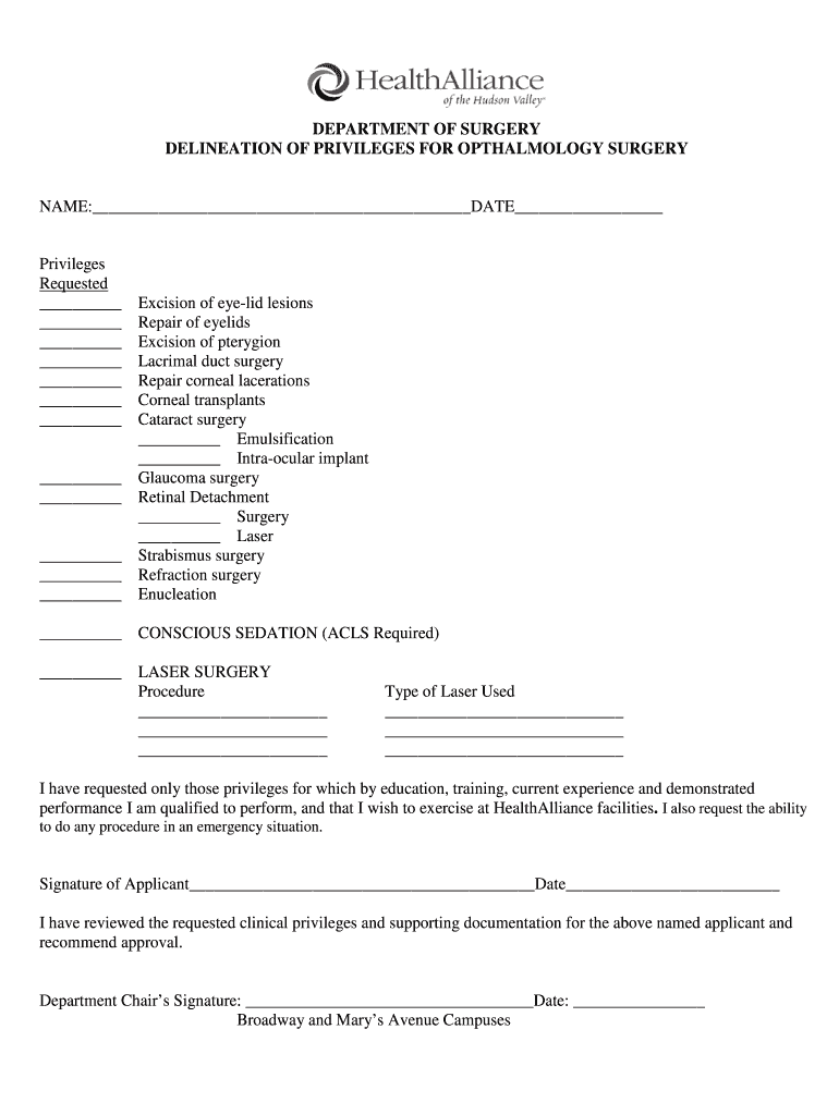 Fillable Online hahv DEPARTMENT OF SURGERY DELINEATION OF PRIVILEGES ...