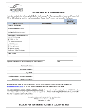 Fillable Online americanarttherapyassociation CALL FOR HONORS NOMINATION FORM ...
