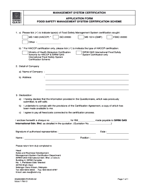 Fillable Online MANAGEMENT SYSTEM CERTIFICATION APPLICATION FORM FOOD ...