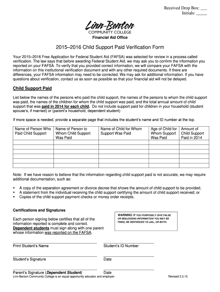 Fillable Online linnbenton VERIFICATION OF: Child Support Payments ...
