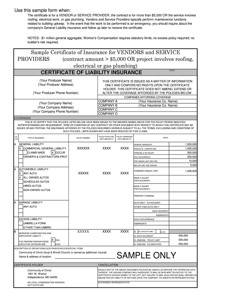 Fillable Online cofchrist Sample Certificate of Insurance for VENDORS ...