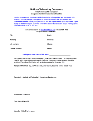 Fillable Online safety duke Notice of Laboratory Occupancy Fax Email ...