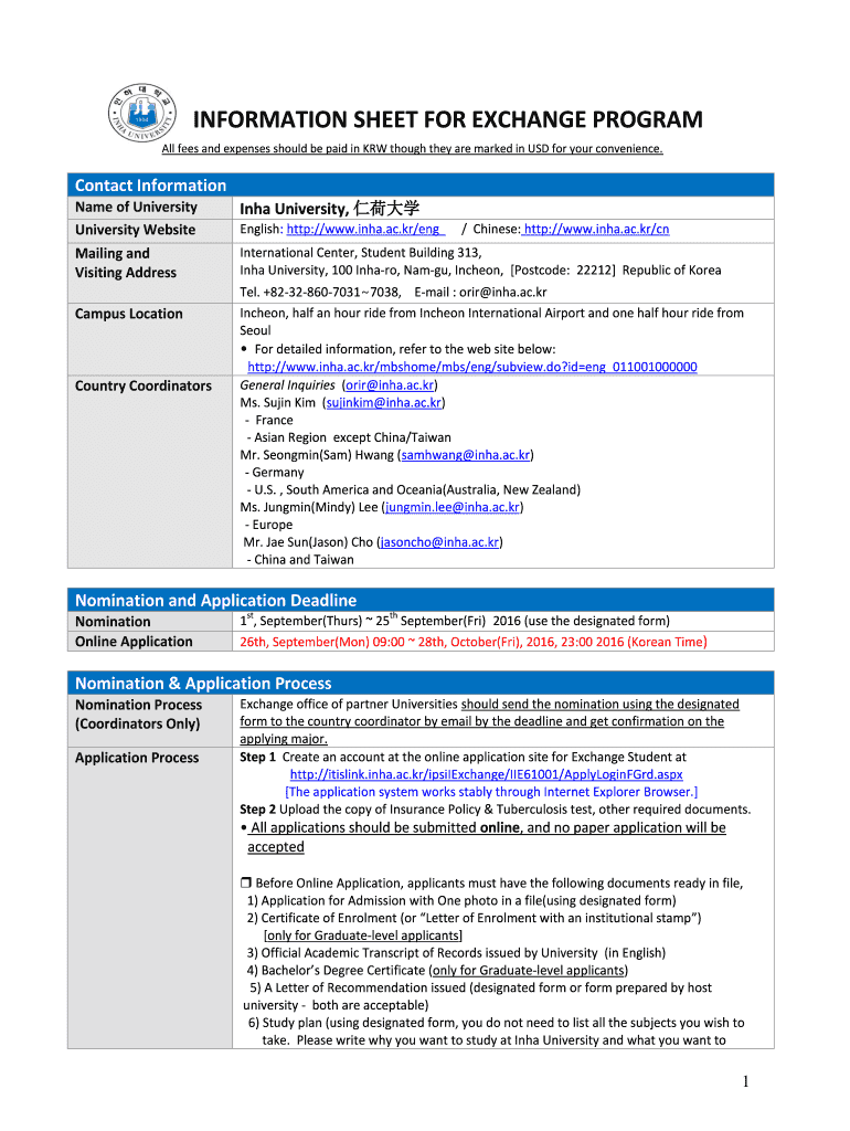 Fillable Online international itb ac INFORMATION SHEET FOR EXCHANGE PROGRAM - International ...