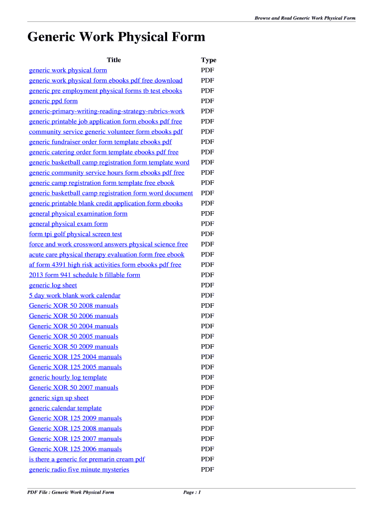 Fillable Online Generic Work Physical Form. generic work physical form ...