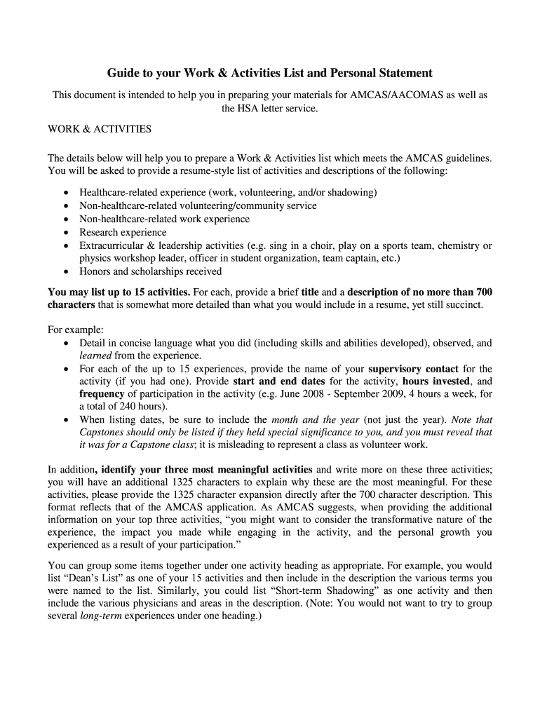 Fillable Online Guide to your Work & Activities List and Personal ...