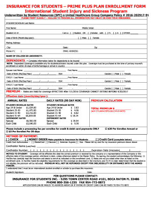 Fillable Online INSURANCE FOR STUDENTS PRIME PLUS PLAN ENROLLMENT FORM ...