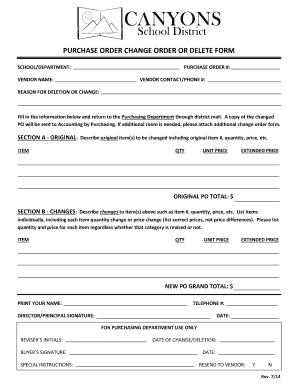 Fillable Online canyonsdistrict PURCHASE ORDER CHANGE ORDER OR DELETE ...